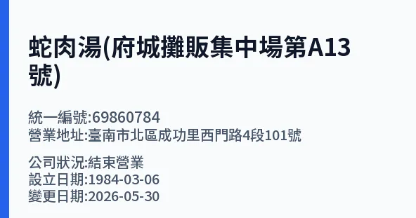 蛇肉湯(府城攤販集中場第A13號)的照片-統編 69860784(臺南市) 公司登記資料與營業項目詳細圖表
