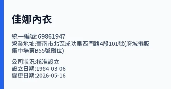 佳娜內衣的照片-統編 69861947(臺南市) 公司登記資料與營業項目詳細圖表