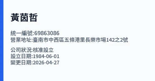 黃茵哲的照片-統編 69863086(臺南市) 公司登記資料與營業項目詳細圖表