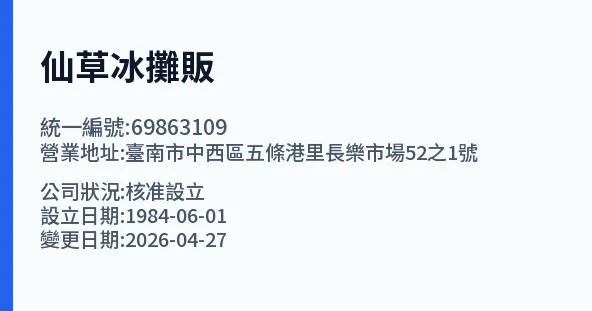 仙草冰攤販的照片-統編 69863109(臺南市) 公司登記資料與營業項目詳細圖表