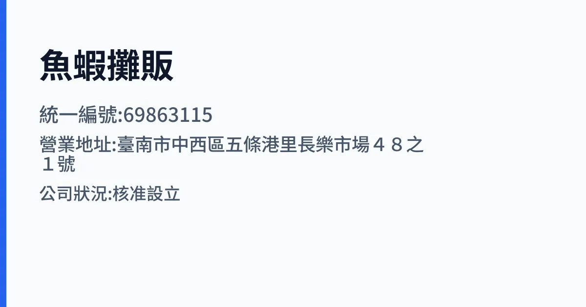 魚蝦攤販 - 統編 69863115(臺南市) 公司登記資料與營業項目詳細圖表