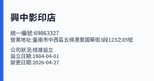 興中影印店的照片-統編 69863327(臺南市) 公司登記資料與營業項目詳細圖表