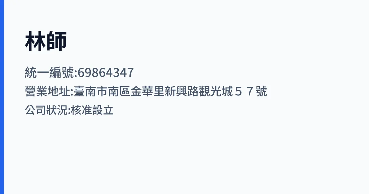 林師 - 統編 69864347(臺南市) 公司登記資料與營業項目詳細圖表