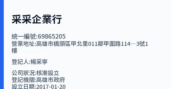 采采企業行的照片-統編 69865205(高雄市) 公司登記資料與營業項目詳細圖表