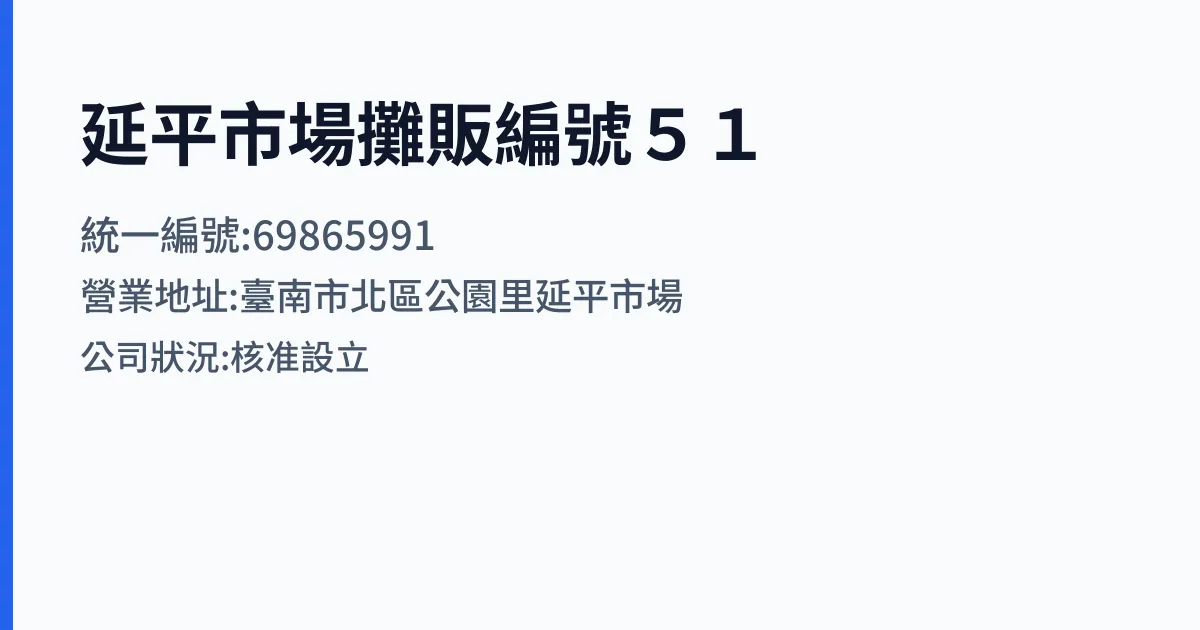 延平市場攤販編號51 - 統編 69865991(臺南市) 公司登記資料與營業項目詳細圖表