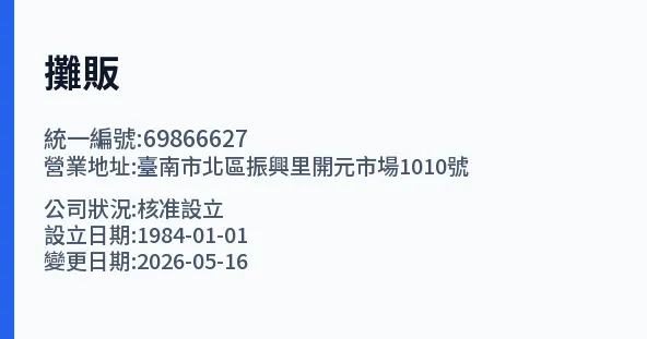 攤販的照片-統編 69866627(臺南市) 公司登記資料與營業項目詳細圖表