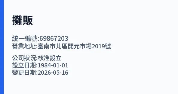攤販的照片-統編 69867203(臺南市) 公司登記資料與營業項目詳細圖表
