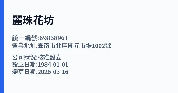 麗珠花坊的照片-統編 69868961(臺南市) 公司登記資料與營業項目詳細圖表