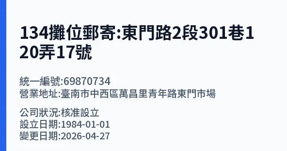 134攤位郵寄:東門路2段301巷120弄17號的照片-統編 69870734(臺南市) 公司登記資料與營業項目詳細圖表