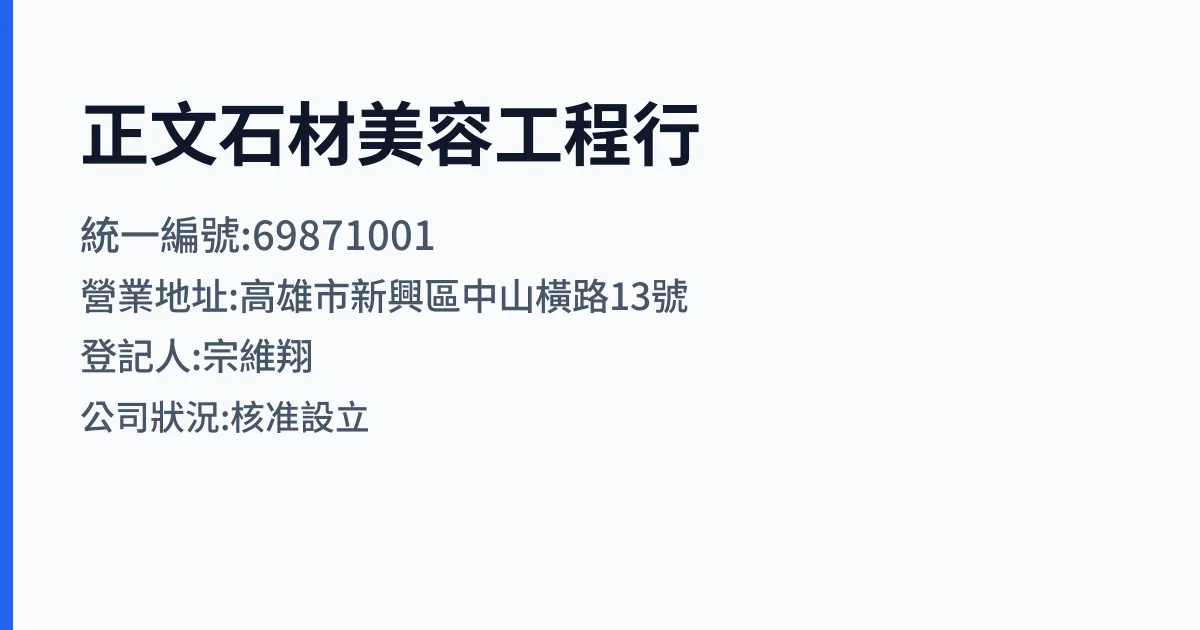 正文石材美容工程行 - 統編 69871001(高雄市) 公司登記資料與營業項目詳細圖表
