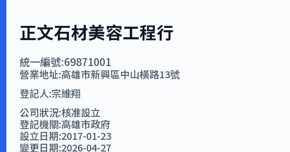 正文石材美容工程行的照片-統編 69871001(高雄市) 公司登記資料與營業項目詳細圖表