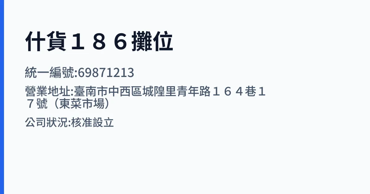 什貨１８６攤位 - 統編 69871213(臺南市) 公司登記資料與營業項目詳細圖表