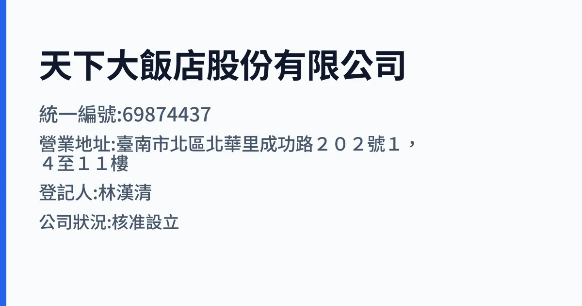 天下大飯店股份有限公司 - 統編 69874437(臺南市) 公司登記資料與營業項目詳細圖表