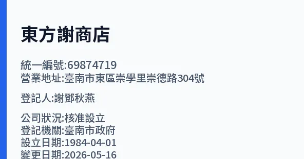 東方謝商店的照片-統編 69874719(臺南市) 公司登記資料與營業項目詳細圖表