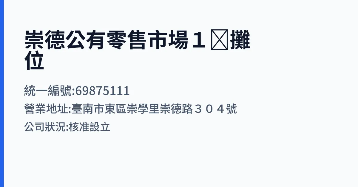 崇德公有零售市場1攤位 - 統編 69875111(臺南市) 公司登記資料與營業項目詳細圖表