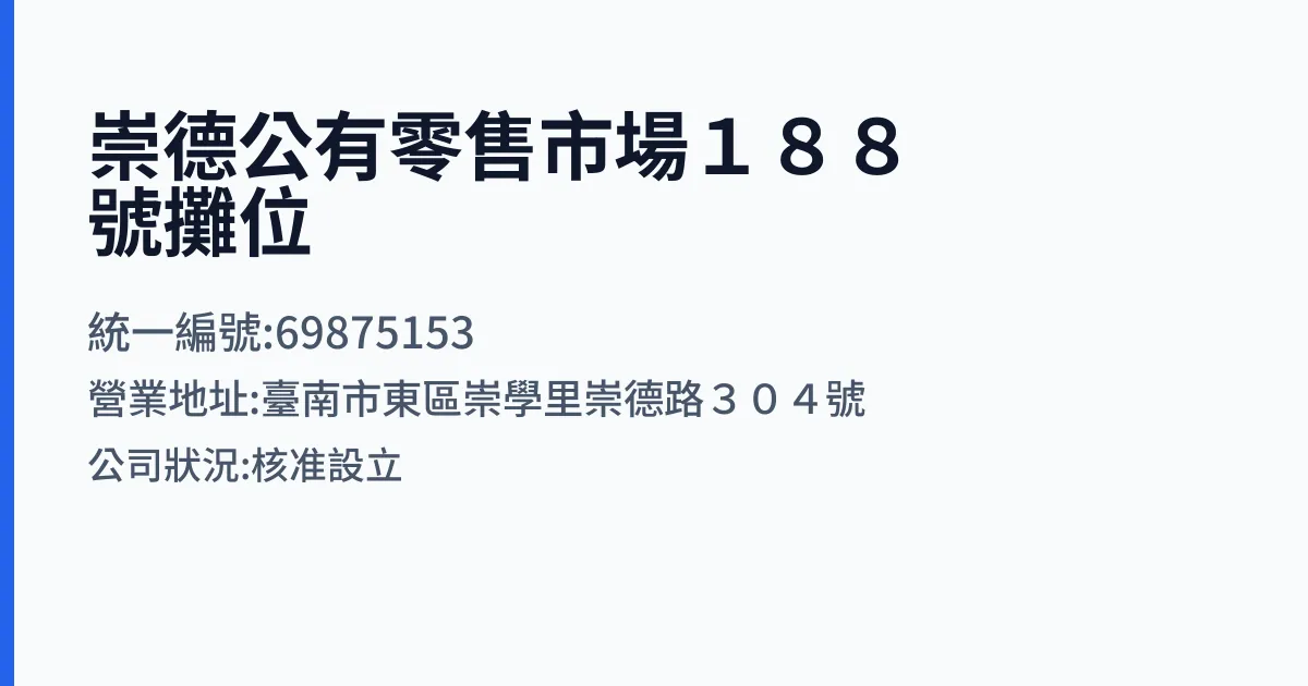 崇德公有零售市場188號攤位 - 統編 69875153(臺南市) 公司登記資料與營業項目詳細圖表