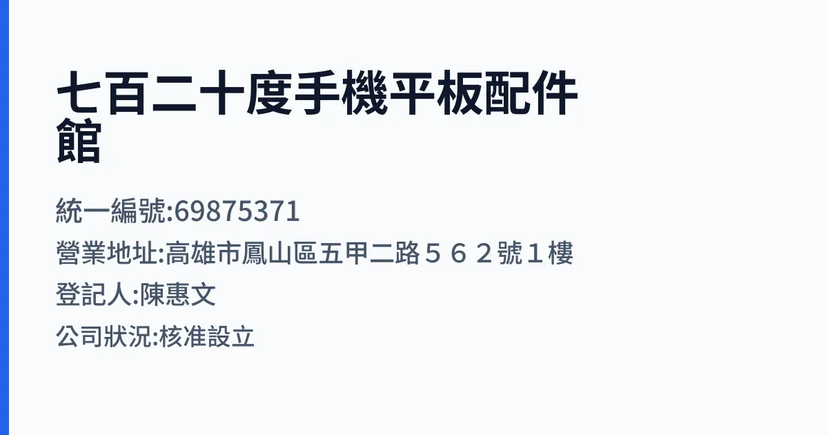 七百二十度手機平板配件館 - 統編 69875371(高雄市) 公司登記資料與營業項目詳細圖表