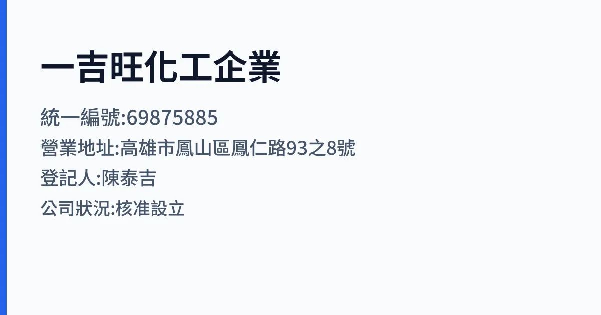 一吉旺化工企業 - 統編 69875885(高雄市) 公司登記資料與營業項目詳細圖表