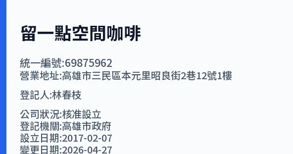 留一點空間咖啡的照片-統編 69875962(高雄市) 公司登記資料與營業項目詳細圖表