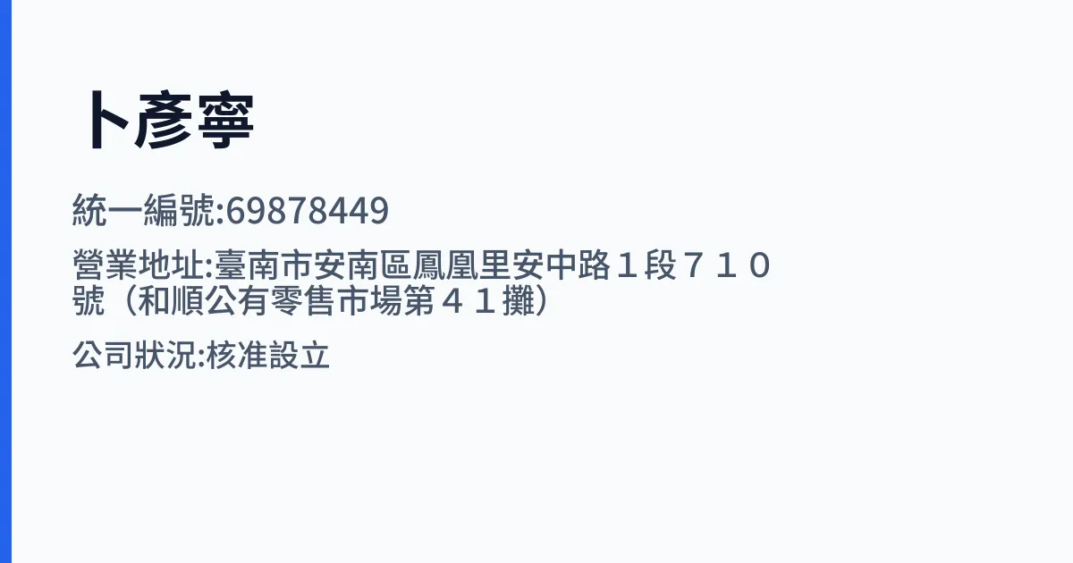 卜彥寧 - 統編 69878449(臺南市) 公司登記資料與營業項目詳細圖表