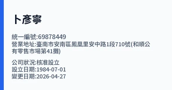 卜彥寧的照片-統編 69878449(臺南市) 公司登記資料與營業項目詳細圖表