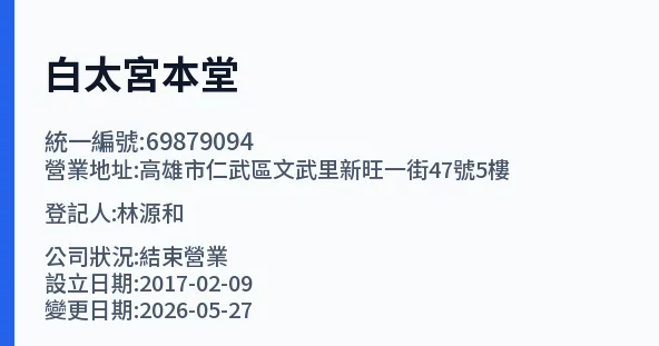 白太宮本堂的照片-統編 69879094(高雄市) 公司登記資料與營業項目詳細圖表