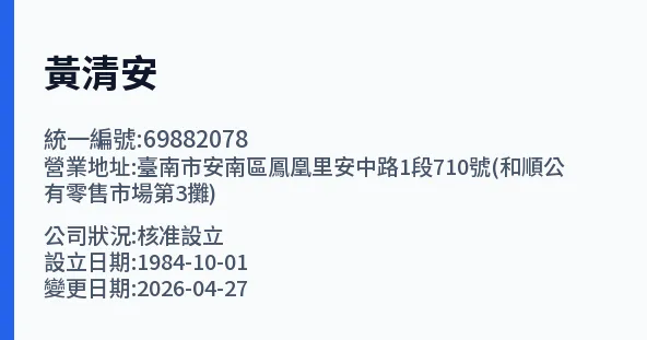 黃清安的照片-統編 69882078(臺南市) 公司登記資料與營業項目詳細圖表