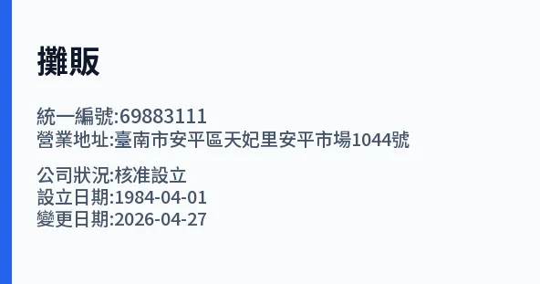 攤販的照片-統編 69883111(臺南市) 公司登記資料與營業項目詳細圖表