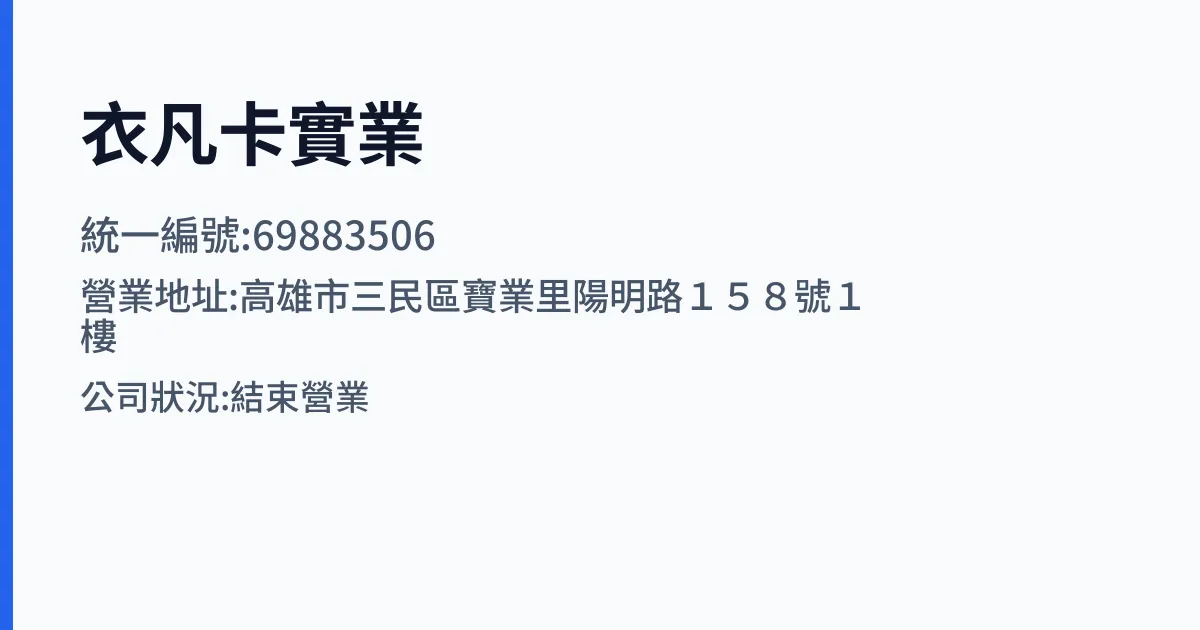 衣凡卡實業 - 統編 69883506(高雄市) 公司登記資料與營業項目詳細圖表