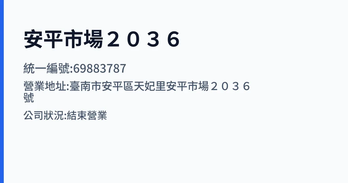 安平市場2036 - 統編 69883787(臺南市) 公司登記資料與營業項目詳細圖表