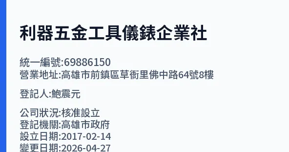 利器五金工具儀錶企業社的照片-統編 69886150(高雄市) 公司登記資料與營業項目詳細圖表