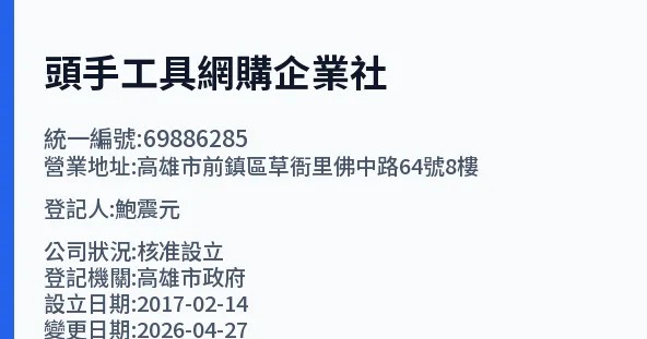 頭手工具網購企業社的照片-統編 69886285(高雄市) 公司登記資料與營業項目詳細圖表