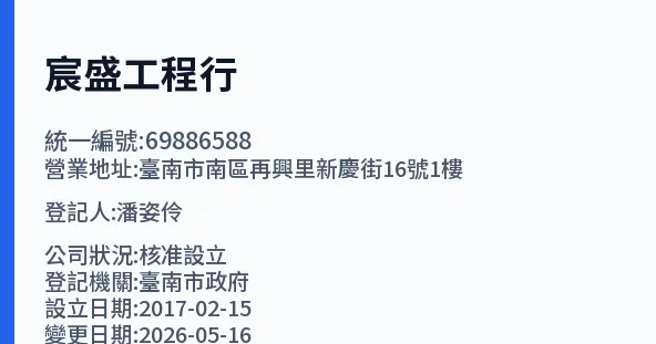 宸盛工程行的照片-統編 69886588(臺南市) 公司登記資料與營業項目詳細圖表