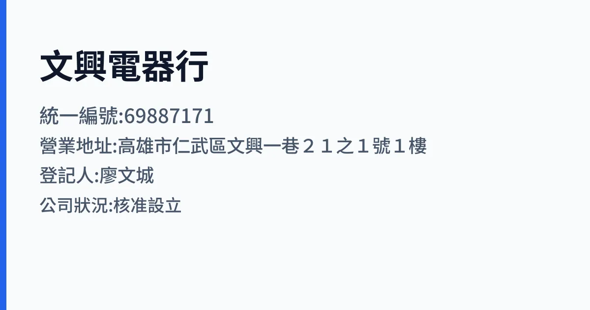 文興電器行 - 統編 69887171(高雄市) 公司登記資料與營業項目詳細圖表