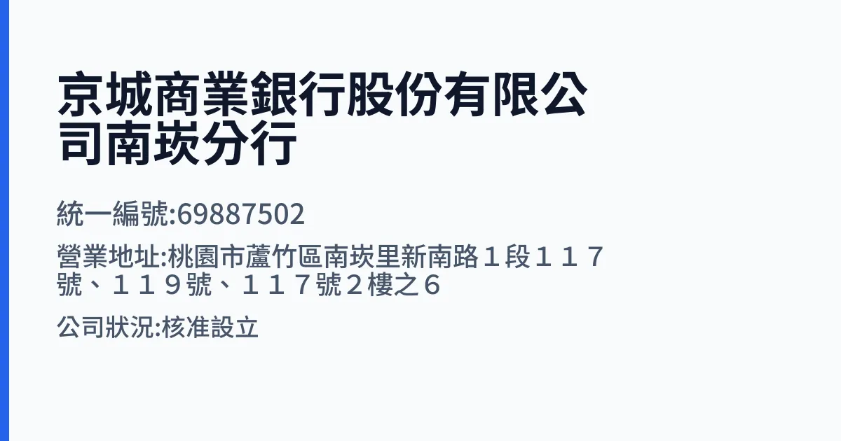 京城商業銀行股份有限公司南崁分行 - 統編 69887502(桃園市) 公司登記資料與營業項目詳細圖表