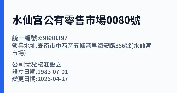 水仙宮公有零售市場0080號的照片-統編 69888397(臺南市) 公司登記資料與營業項目詳細圖表