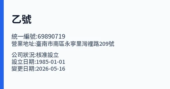 乙號的照片-統編 69890719(臺南市) 公司登記資料與營業項目詳細圖表