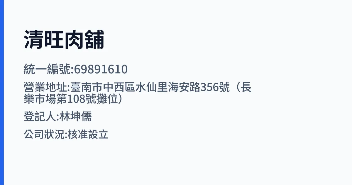 清旺肉舖 - 統編 69891610(臺南市) 公司登記資料與營業項目詳細圖表