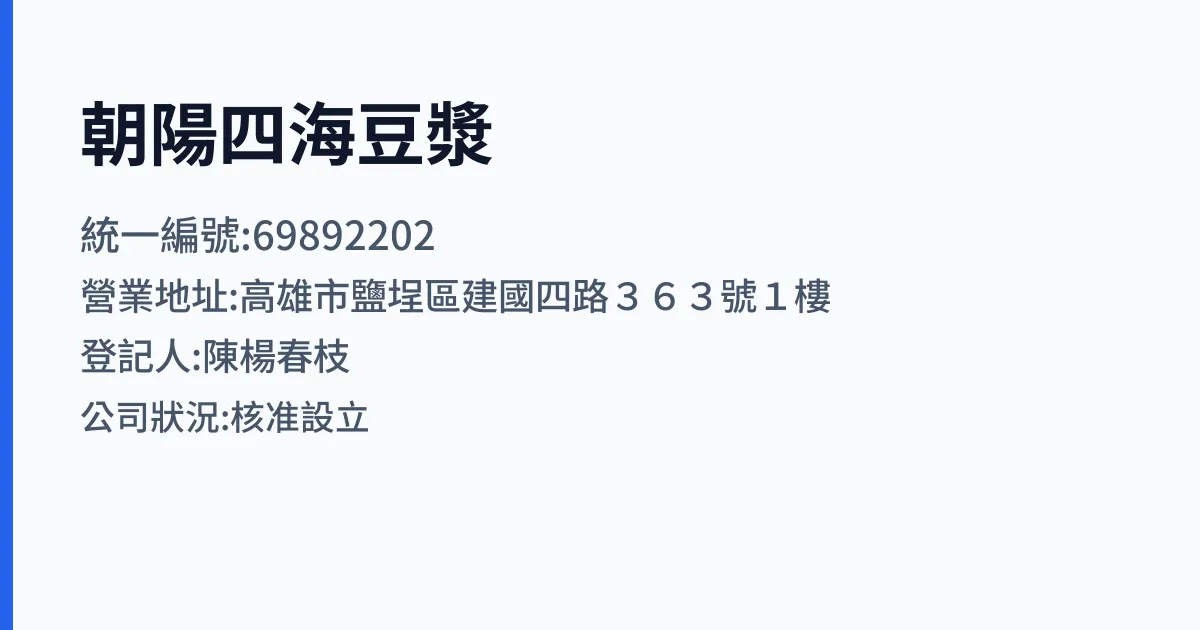朝陽四海豆漿 - 統編 69892202(高雄市) 公司登記資料與營業項目詳細圖表