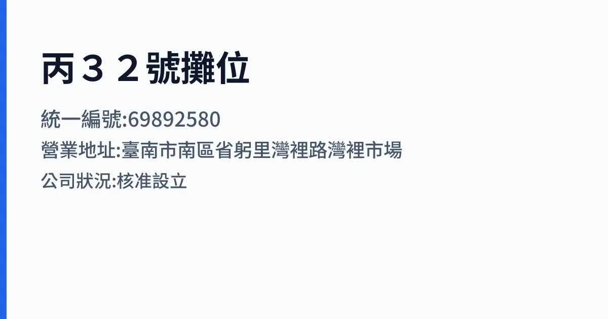 丙３２號攤位 - 統編 69892580(臺南市) 公司登記資料與營業項目詳細圖表