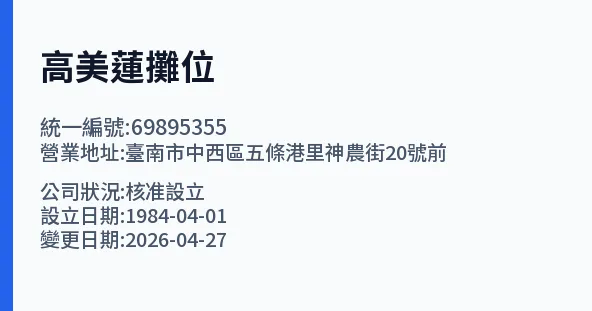高美蓮攤位的照片-統編 69895355(臺南市) 公司登記資料與營業項目詳細圖表