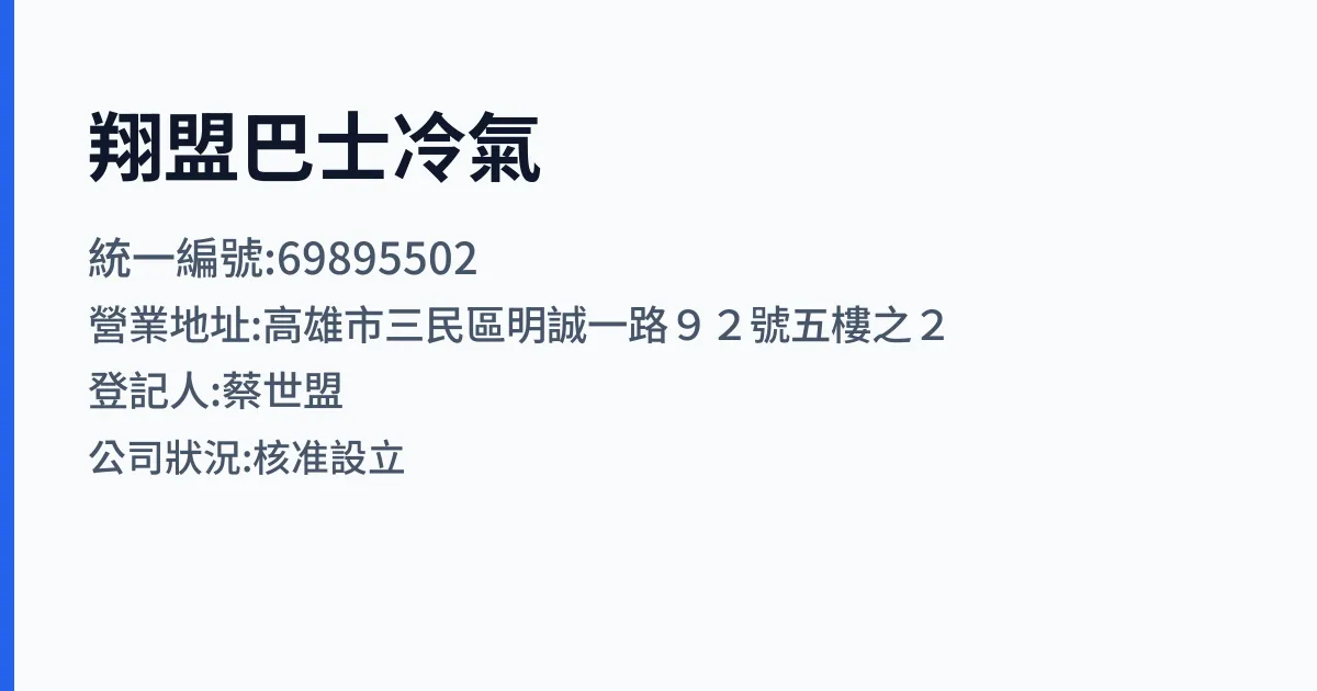翔盟巴士冷氣 - 統編 69895502(高雄市) 公司登記資料與營業項目詳細圖表