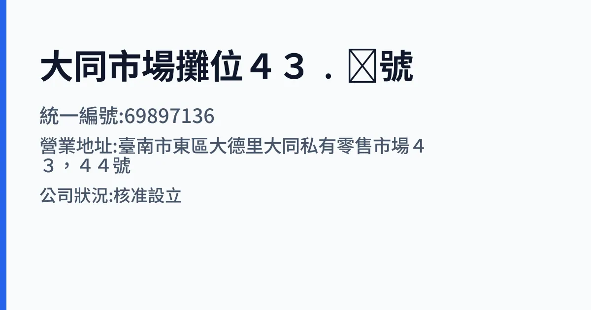 大同市場攤位43﹒號 - 統編 69897136(臺南市) 公司登記資料與營業項目詳細圖表