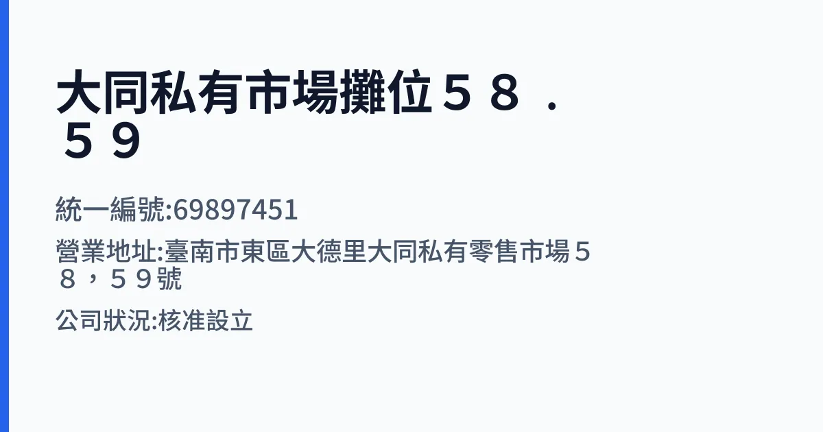 大同私有市場攤位５８﹒５９ - 統編 69897451(臺南市) 公司登記資料與營業項目詳細圖表