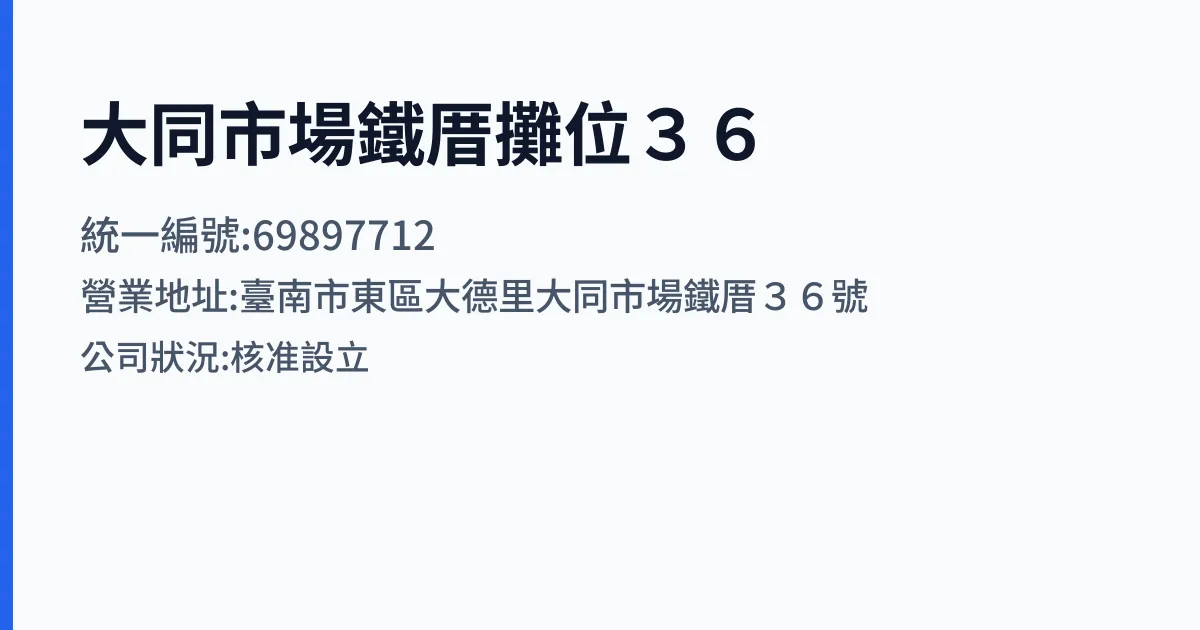 大同市場鐵厝攤位３６ - 統編 69897712(臺南市) 公司登記資料與營業項目詳細圖表