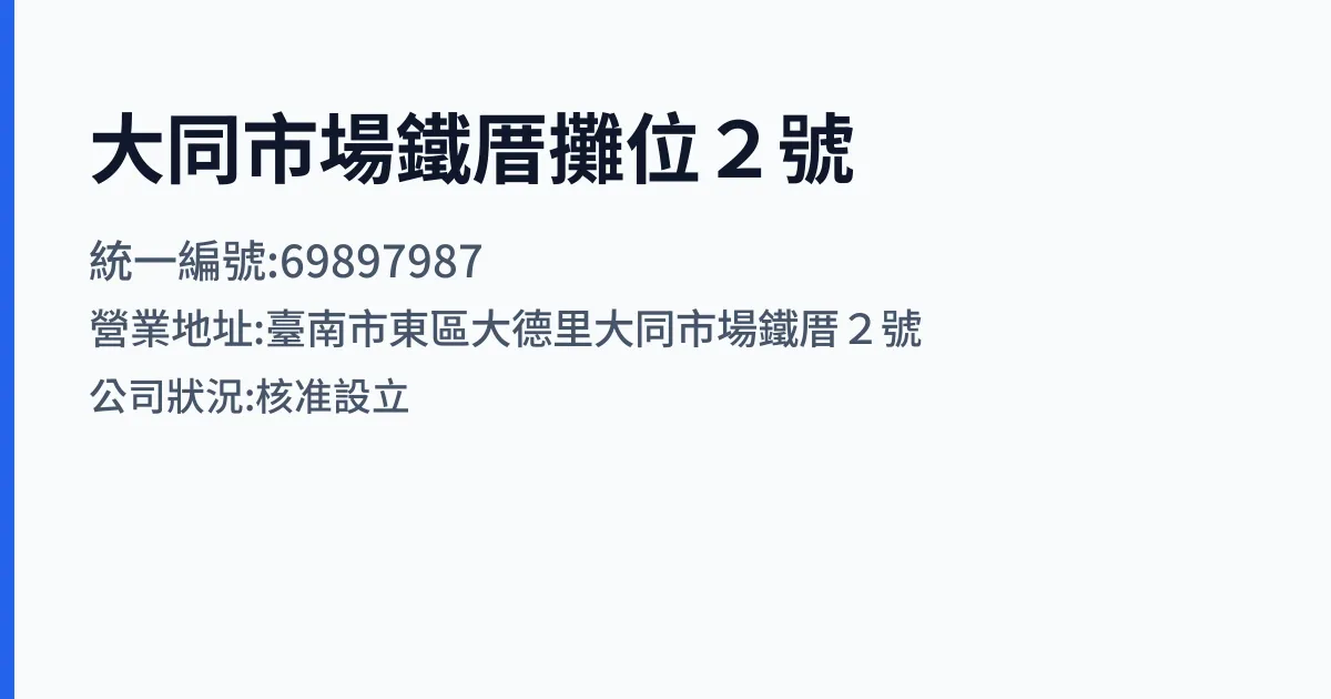 大同市場鐵厝攤位2號 - 統編 69897987(臺南市) 公司登記資料與營業項目詳細圖表