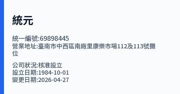 統元的照片-統編 69898445(臺南市) 公司登記資料與營業項目詳細圖表