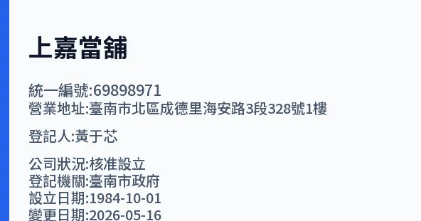 上嘉當舖的照片-統編 69898971(臺南市) 公司登記資料與營業項目詳細圖表