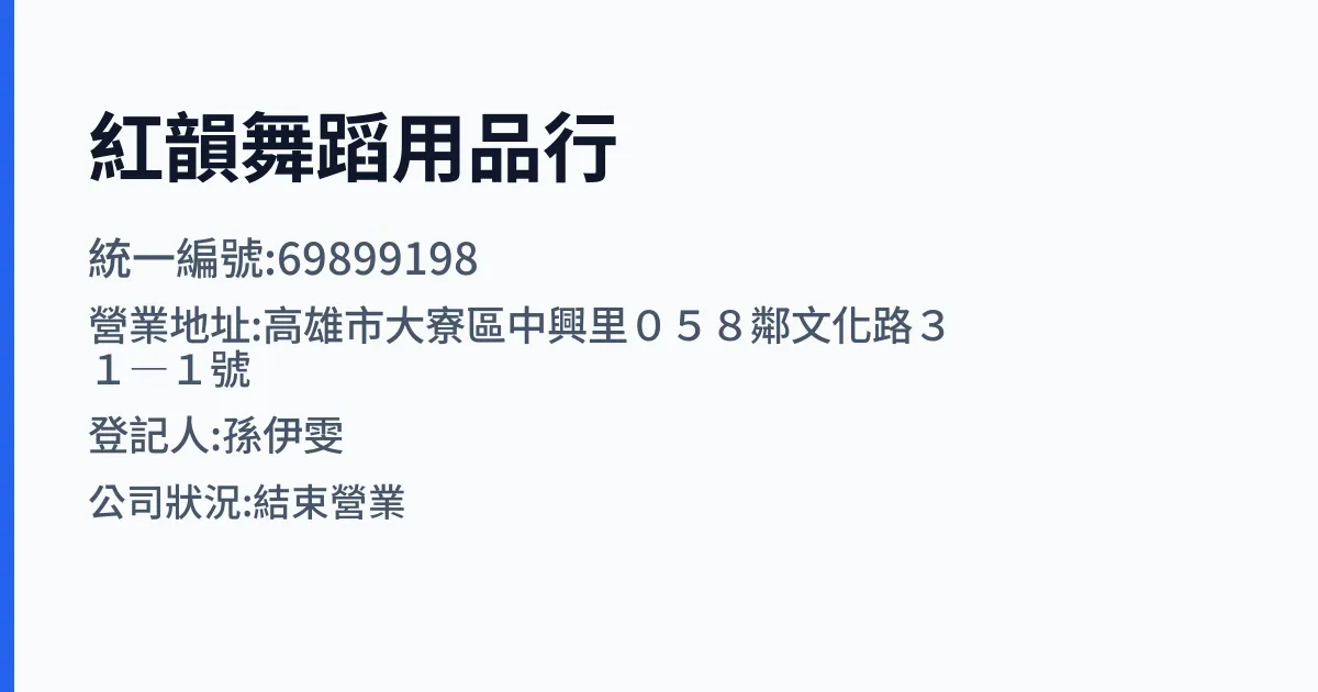 紅韻舞蹈用品行 - 統編 69899198(高雄市) 公司登記資料與營業項目詳細圖表