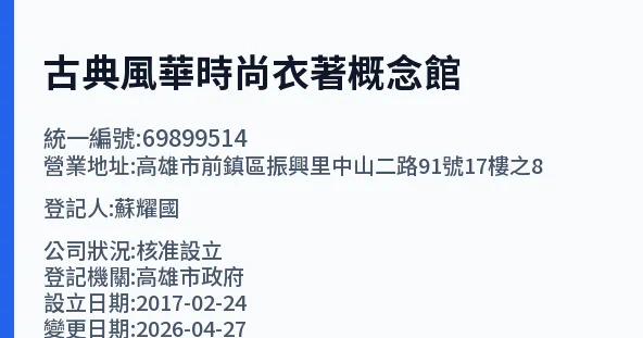 古典風華時尚衣著概念館的照片-統編 69899514(高雄市) 公司登記資料與營業項目詳細圖表